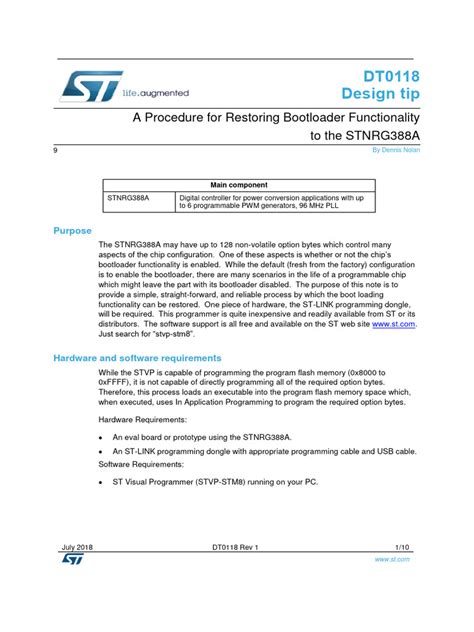 Dt0118 A Procedure For Restoring Bootloader Functionality To The Stnrg388a Stmicroelectronics Pdf
