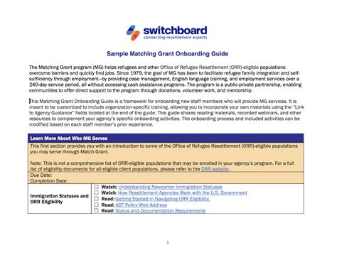 Sample Matching Grant Onboarding Guide Switchboard