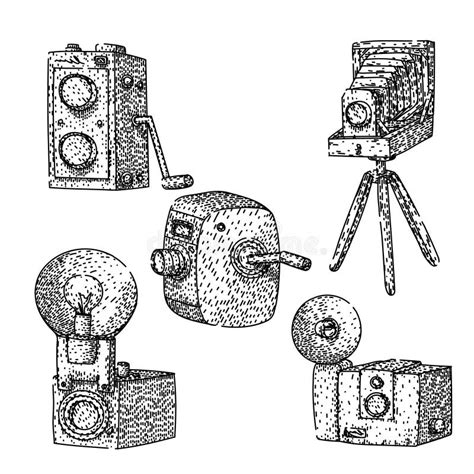 Vintage Camera Set Sketch Hand Drawn Vector Stock Vector Illustration Of Black Camera 369340901