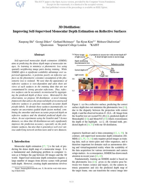 Shi3ddistillationimprovingself Supervisedmonoculardepthestimationonreflectivesurfaces