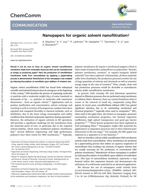 PDF Nanopapers For Organic Solvent Nanofiltration