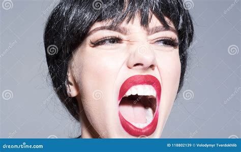 Woman With Attractive Red Lips Shouting Lady In Black Wig With Make Up
