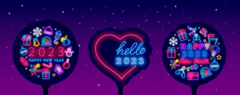 안녕하세요 2023 네온 스트리트 광고판 컬렉션입니다 새해 복 많이 받으세요 서클 레이아웃 광고 세트 벡터 스톡 일러스트 형광색