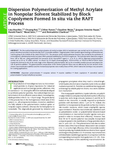 Pdf Dispersion Polymerization Of Methyl Acrylate In Nonpolar Solvent
