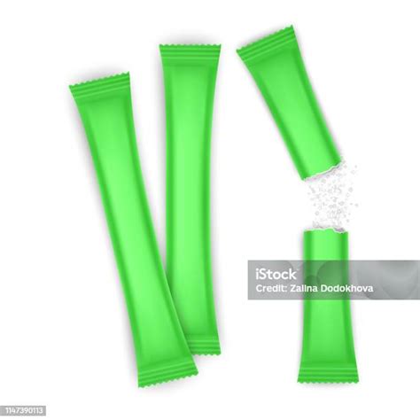 커피 소금 설탕 후추 또는 향신료에 대 한 녹색 포장 스틱의 호 일 또는 종이 현실적인 메쉬 벡터 이랑 일러스트 제품용기에 대한 스톡 벡터 아트 및 기타 이미지 Istock