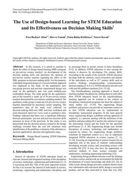 Pdf The Use Of Design Based Learning For Stem Education And Its Effectiveness On Decision