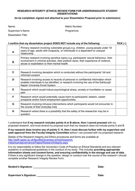 Research Integrity Form For Undergraduate Student Dissertations