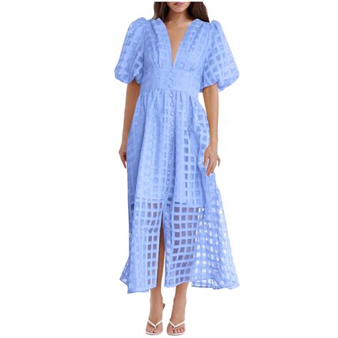Jalioing Summer Puff Sleeves Dress Dressy Casual Sundress Short Sleeve