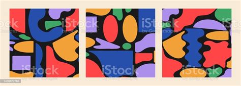 간단한 모양을 사용하여 만든 추상적 인 디자인 그래픽이있는 벡터 템플릿 집합입니다 초대장 배너 포스터 전단지 인쇄물 라벨 등을 만드는 데 유용합니다 개념에 대한 스톡 벡터