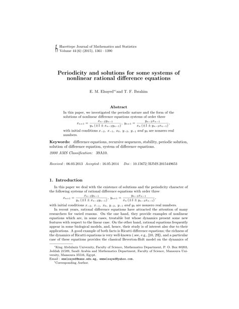 Pdf Periodicity And Solutions For Some Systems Of Nonlinear Rational Difference Equations