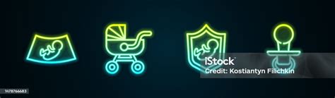 설정 라인 아기의 초음파 유모차 방패 및 더미 젖꼭지 빛나는 네온 아이콘입니다 벡터 아이에 대한 스톡 벡터 아트 및 기타 이미지