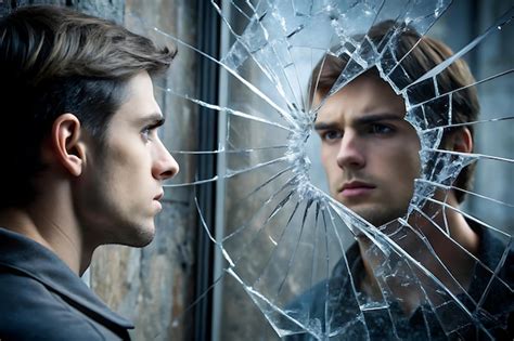 A Person Looking Into A Cracked Mirror With A Fractured Reflection