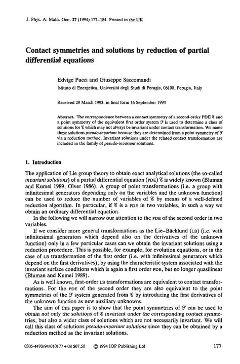 Pdf Contact Symmetries And Solutions By Reduction Of Partial Differential Equations
