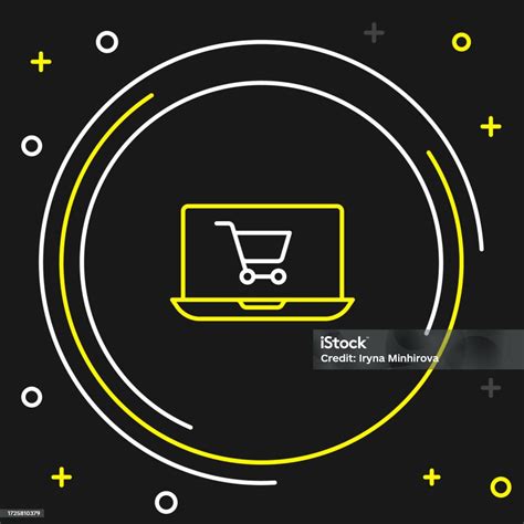 검은 색 배경에 격리 된 화면 노트북 아이콘에 라인 쇼핑 카트 개념 전자 상거래 전자 비즈니스 온라인 비즈니스 마케팅 다채로운