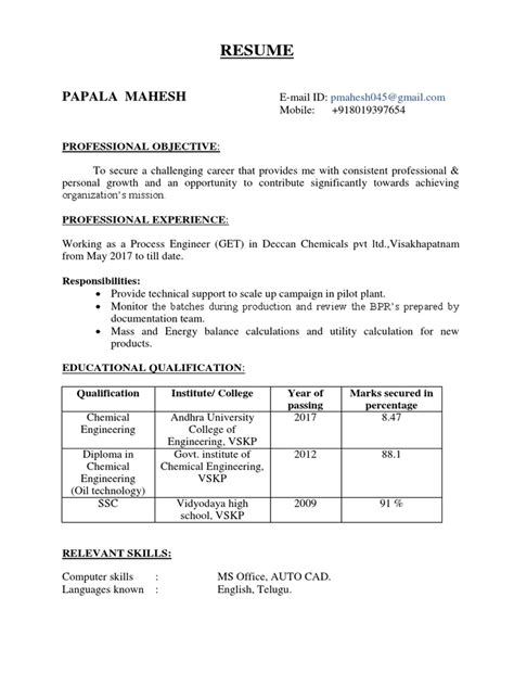 Mahesh Resume Download Free Pdf Engineering