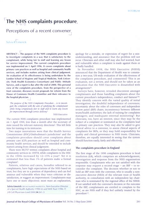 Pdf The Nhs Complaints Procedure Perceptions Of A Recent Convener