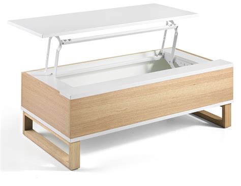 Table Basse Relevable En Bois Laqué Blanc Et Bois De Hêtre Naturel