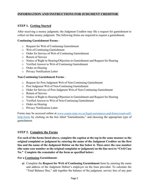 Wyoming Garnishment Information And Instructions For The Judgment
