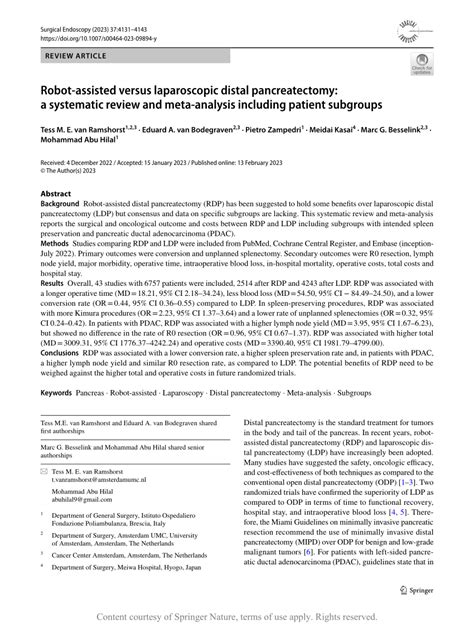 Pdf Robot Assisted Versus Laparoscopic Distal Pancreatectomy A Systematic Review And Meta