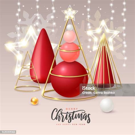 현실적인 3d 플라스틱 크리스마스 트리와 크리스마스 휴가 배경 메리 크리스마스와 새해 복 많이 받으세요 인사말 카드 벡터 일러스트 레이 션 3차원 형태에 대한 스톡 벡터