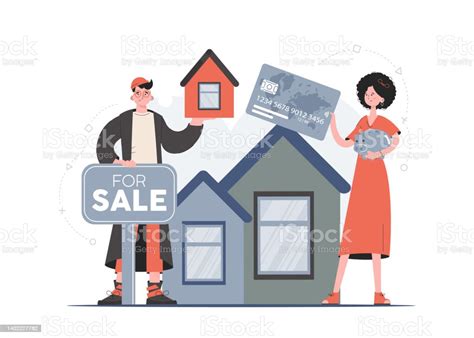 여성과 남성은 집 근처에서 신용 카드와 돼지 저금통으로 완전히 성장합니다 부동산 소개 업자 플랫 스타일 프리젠 테이션 사이트를위한 요소 가득 찬에 대한 스톡 벡터 아트 및