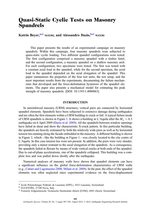 Pdf Quasi Static Cyclic Tests On Masonry Spandrels