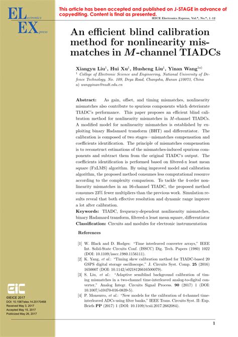 PDF An Efficient Blind Calibration Method For Nonlinearity Mis Matches In M Channel TIADCs
