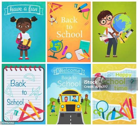 학교 카드 템플릿 페이지 로 돌아갑니다 학생 학교 용품 및 버스와 교육 템플릿 전단지 잡지 포스터 책 표지 배너 벡터 일러스트레이션 가방에 대한 스톡 벡터 아트 및 기타