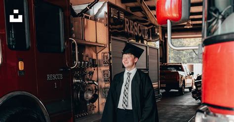 소방차 근처에서 모자와 가운을 입고 졸업하는 학생 사진 Unsplash의 무료 남자 이미지