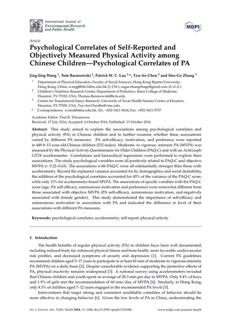 Pdf Psychological Correlates Of Self Reported And Objectively Measured Physical Activity Among
