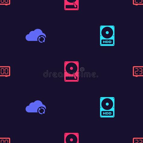 Set Hard Disk Drive HDD Cloud Sync Refresh And Digital Alarm Clock On Seamless Pattern Vector