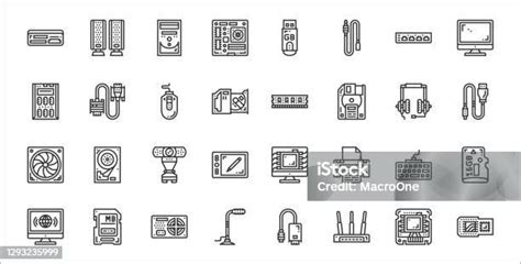 회로 라우터 마이크 데스크톱 키보드 웹캠 Usb 연결 램 메모리 케이블과 같은 32 대의 컴퓨터 장치 얇은 윤곽선 아이콘 세트 외형선에 대한 스톡 벡터 아트 및 기타 이미지