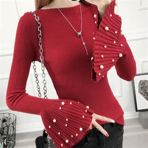 2018 Autumn Winter Women Knitting Flare Sleeve Beading Elegant Solid
