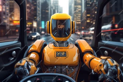 A Robot Taxi Driver Sits At The Wheel Of A Yellow Taxi Car With