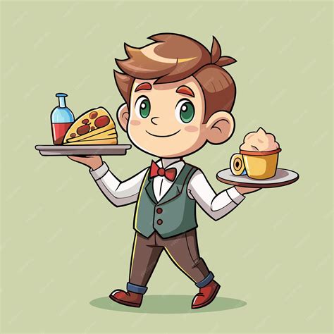 Cute Cartoon Boy Waiter With Serving Tray Cartoon Vector Illustration