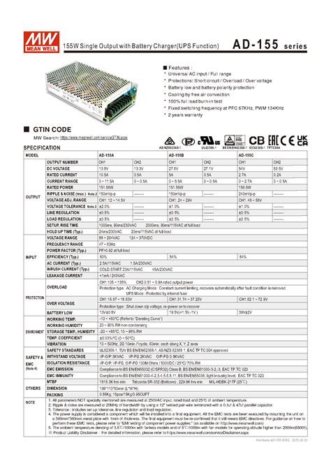 Mean Well Ad 155b Ac Dc Enclosed 27 6vdc At 5 5a 27 1vdc At 0 5a Alexan