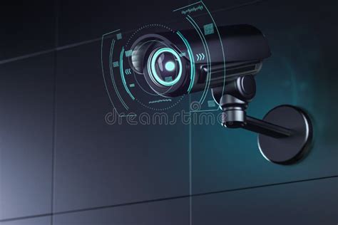Surveillance Camera On Wall With Some Kind Of Futuristic Interface Or Hud Concept Around Its