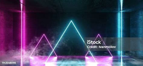 스모크 트라이앵글 레이저 형광 네온 빛나는 수직 레이저 튜브 라인 블루 핑크 퍼플 색상 어두운 그런 지 거친 콘크리트 반사 방 빈 공간 공상 과학 소설 레트로 3d 렌더링