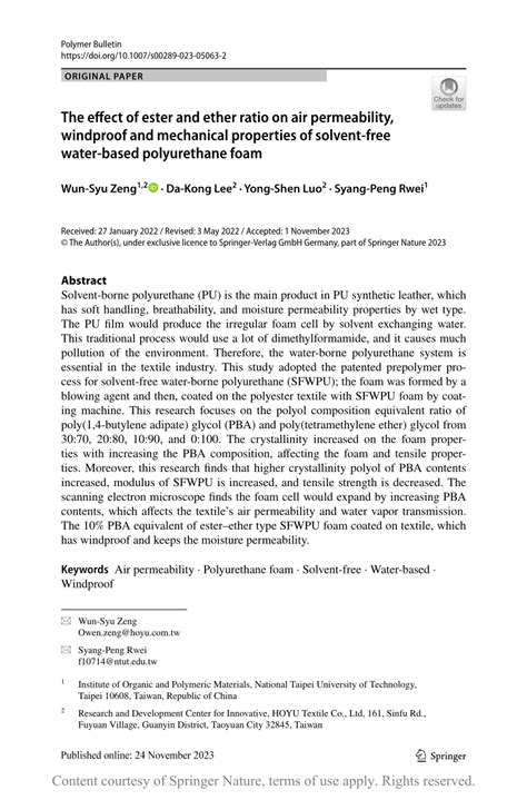 The Effect Of Ester And Ether Ratio On Air Permeability Windproof And