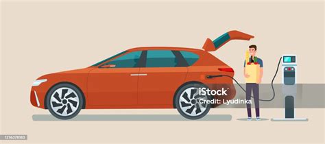 남자는 현대 전기 Cuv 자동차에 식료품 가방을 수행 전기 자동차가 충전중입니다 벡터 플랫 일러스트레이션 가방에 대한 스톡 벡터 아트 및 기타 이미지 Istock