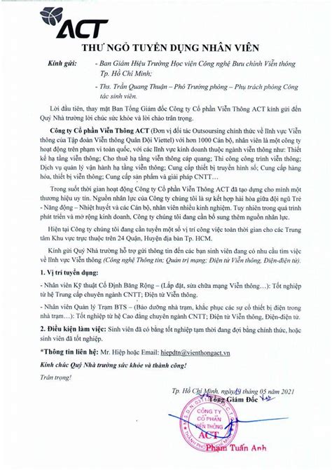 Công ty CP Viễn Thông ACT tuyển dụng nhân viên KHOA VIỄN THÔNG