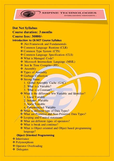 Dot Net Course Syllabus