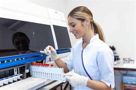 Premium Photo Lab Tech Loading Samples Into A Chemistry Analyzer Female Lab Tech Loading