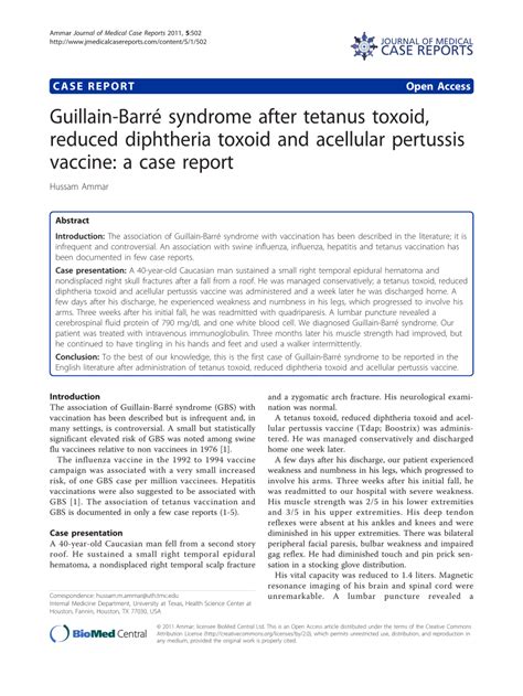 Pdf Guillain Barré Syndrome After Tetanus Toxoid Reduced Diphtheria Toxoid And Acellular