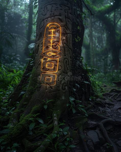 Glowing Ancient Symbols On Tree Trunk In Dark Forest Stock Illustration