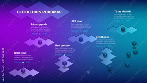 Isometric Roadmap With Many Small Cubes For Blockchain Or Cryptocurrency Project On Purple Blue