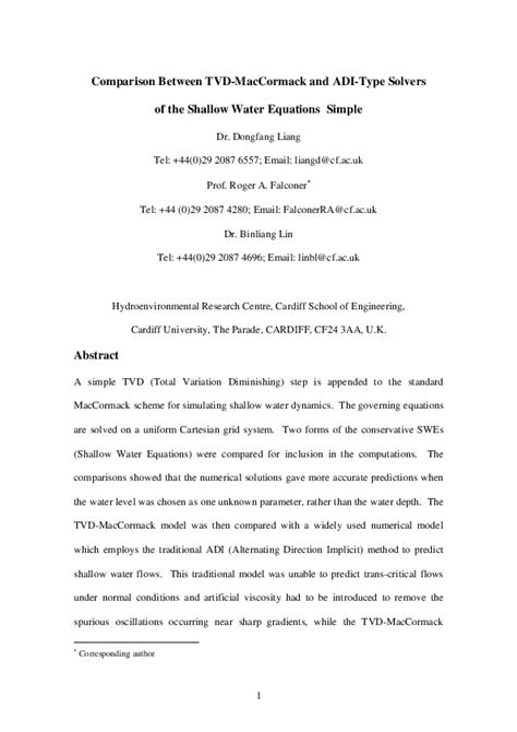 Pdf Comparison Between Tvd Maccormack And Adi Type Solvers Of The Shallow Water Equations
