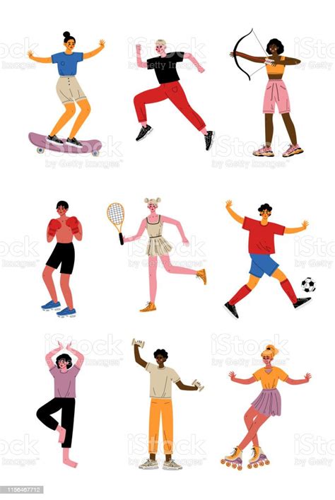 다양한 종류의 스포츠를 하는 젊은이들의 컬렉션 스포츠 장비가 있는 스포츠웨어의 프로 운동 선수 캐릭터 활동적인 건강한 라이프