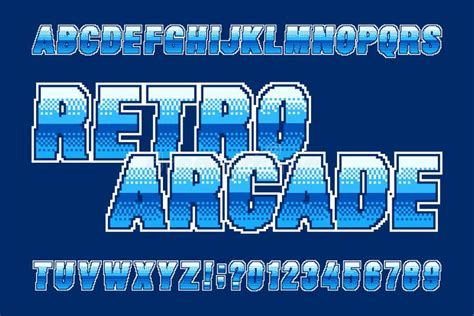retro arcade alphabet font pixel gradient letters and numbers stock