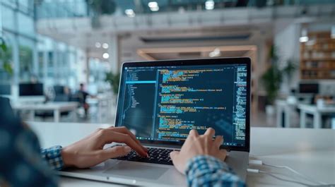 Programmer Coding On Laptop In Modern Office Premium AI Generated Image